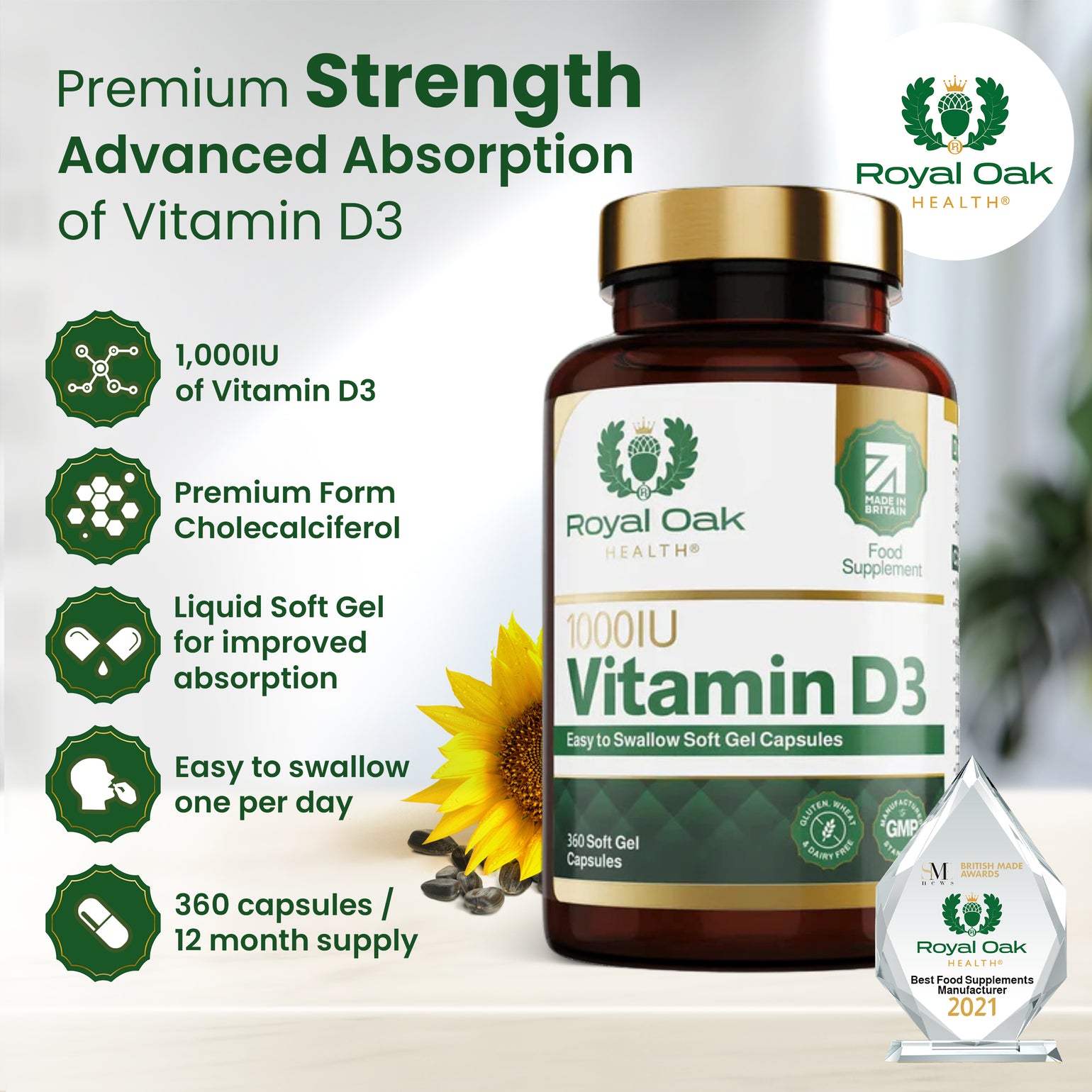 1000IU Vitamin D3 | 360 Soft Gel Capsules – Royal Oak Health